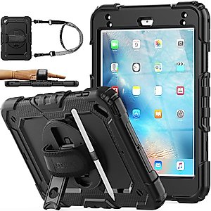 SEYMAC stock Case for iPad Mini 5/4 with Screen Protector Pencil Holder [360 Rotating Hand Strap] & Stand, Drop-Proof Case for iPad Mini 5th/4th Generation 7.9 inch (Black)