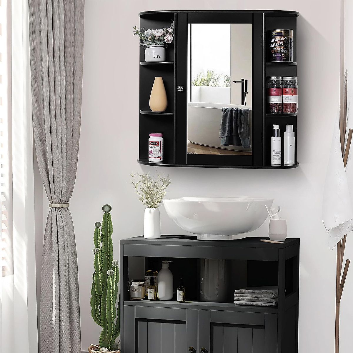 Iwell Bathroom Medicine Cabinet with Mirror, Bathroom Wall Cabinet with 2 Adjustable Shelves & 6 Open Shelves, Bathroom Cabinet Wall Mounted, Over The Toilet Space Saver Storage Cabinet, Black