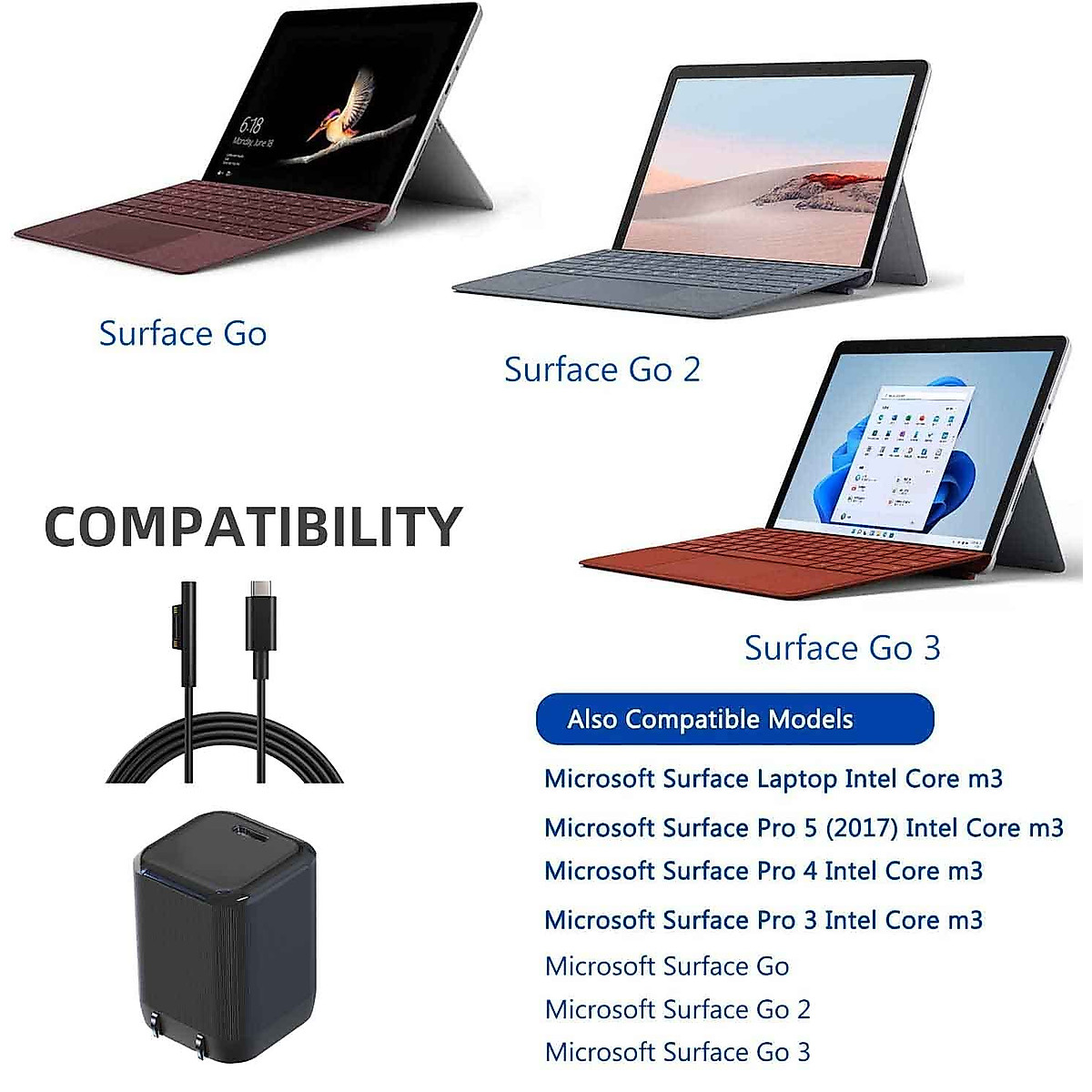Surface Go USB C Charger, Sisyphy 30W GaN Super Mini Charger with 6ft Surface Cable, GaN Tech PD3.0 QC3.0 PPS, Compatible for Microsoft Surface Go 3/2/1, Pro 5/4/3 Core m3 and Laptop Core m3