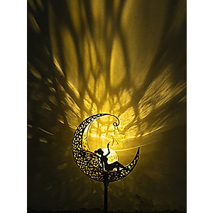 twinkya Solar Garden Lights Outdoor Decorations Waterproof Decorative Solar Powered Stakes Metal Moon Fairy Stars Crackle Glass Globe Lights for Patio Pathway Walkway Yard Lawn Backyard Decor (Gold)