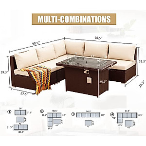 NICESOUL® Luxury High Back Extra Large Size PE Wicker Patio Furniture Sectionals 6 Pcs Outdoor Couch Sets with Fire Pit Table CSA Approved Espresso