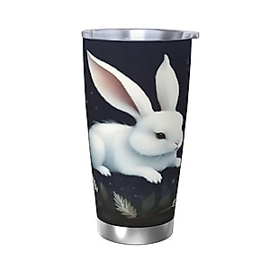 EKPRAVDKTF Cute White Rabbit 20oz Insulated Stainless Steel Tumbler With Lids And Straws, Double Wall Vacuum Travel Coffee Mug, Thermal Cup For Cold & Hot Drinks, Reusable Metal Straw & Brush
