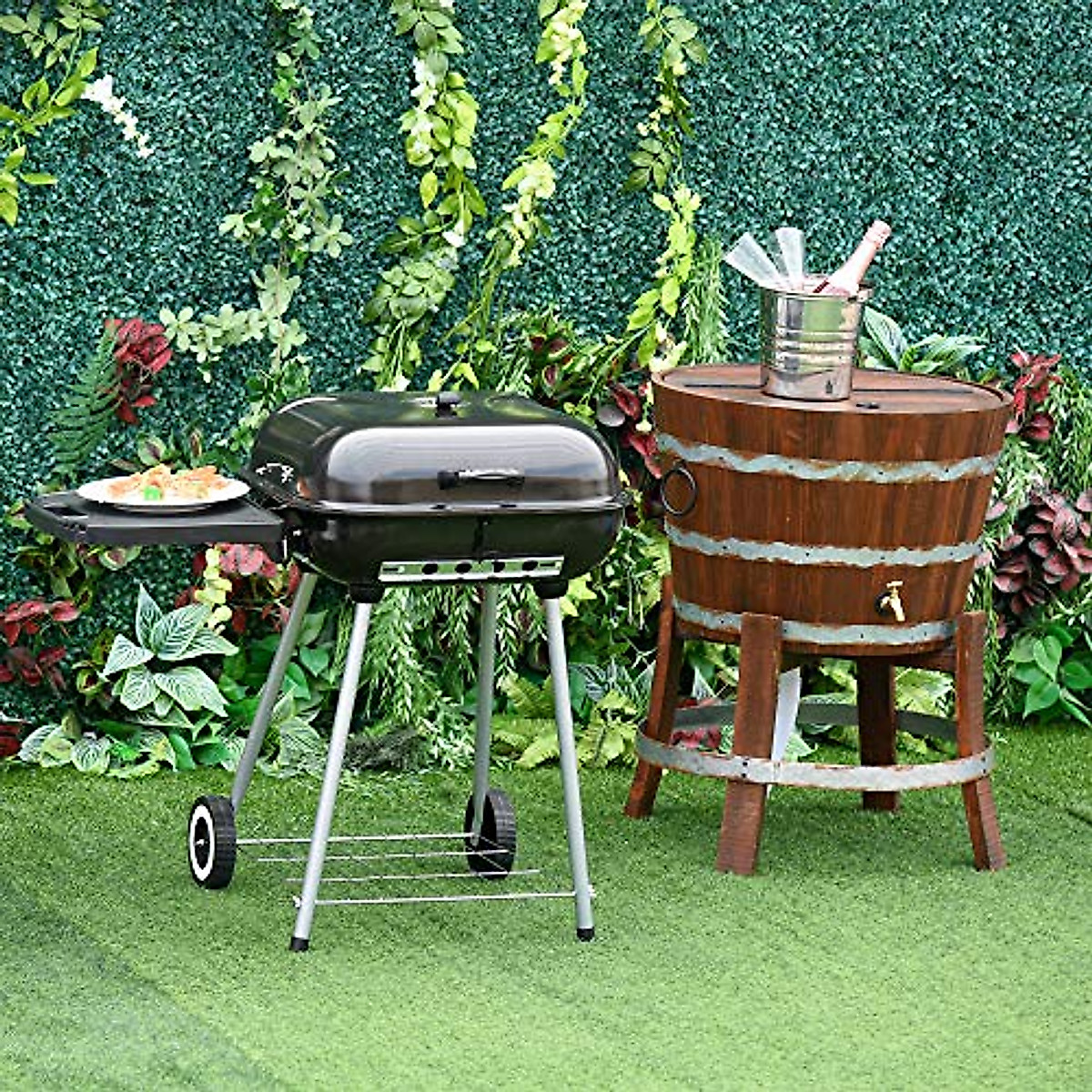 Outsunny 38'' Steel Charocal Grill with Portable Wheel, Side Tray and Lower Shelf for Outdoor BBQ for Garden, Backyard, Poolside