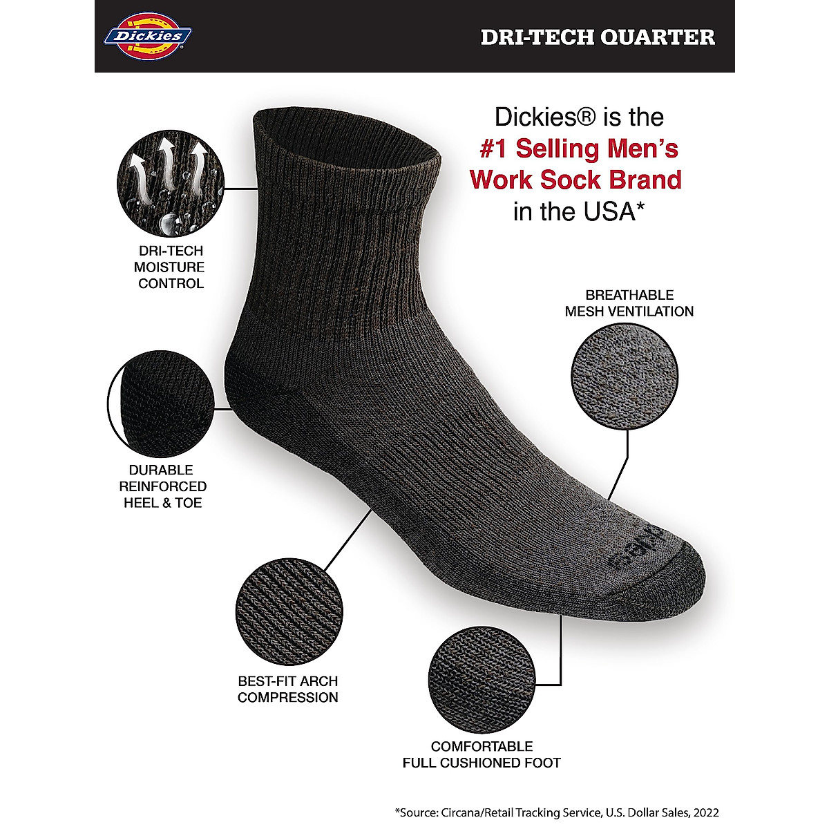 Dickies Men's Dri-Tech Moisture Control Quarter Socks, Available in M-XXL (6, 12, 18, Charcoal (6 Pairs), Large