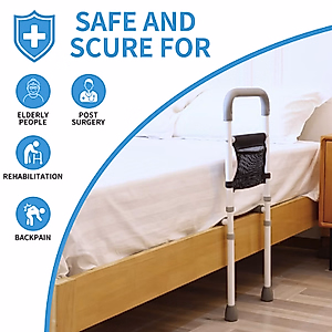 WeHwupe Bed Rails for Elderly Adults Height Adjustable Bed Assist Rail for Seniors Safety Bed Handle with Leg Bedside Fall Prevent Grab Bar with Storage Pocket Fits King Queen Full Twin Bed