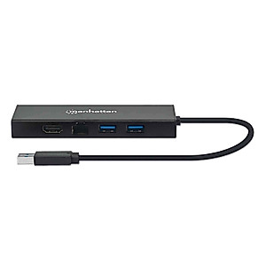 Manhattan USB-A Dock/Hub, Ports (x5): Ethernet, HDMI, USB-A (x2) and VGA, Micro-USB Power Input Port (Optional, only When add Power Needed. Not Required for Dual Monitor use. Cable not Included)
