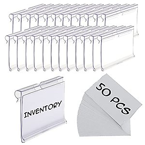 50pcs Labels for Storage Bins Plastic Label Clip, Basket Labels Clip On Wire Shelf Price Label Holder Merchandise Sign Display Holder, 50pcs Label Insert Included (2.36IN*1.57IN)