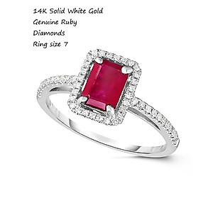 KOKAV 14K White Gold Genuine Ruby 1 Ct Emerald Cut with Diamonds Ring, Size 7