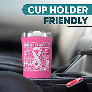 shop4ever Breast Cancer Awareness Ribbon Word Cloud Insulated Tumblers 20 oz. with Lid, Stainless Steel Cups Travel Coffee Mug (Pink)