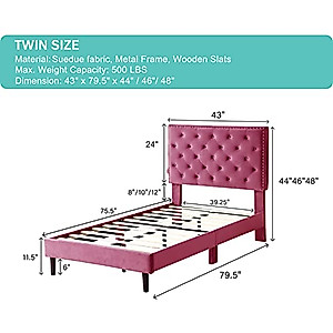 Queen Upholstered Platform Bed Frame with 48" Tall Adjustable Headboard - Button Tufted Suede Velour Bed- Wood Slat Support with Storage Space- No Box Spring Needed - Pink - OLIVER & SMITH - Princeton