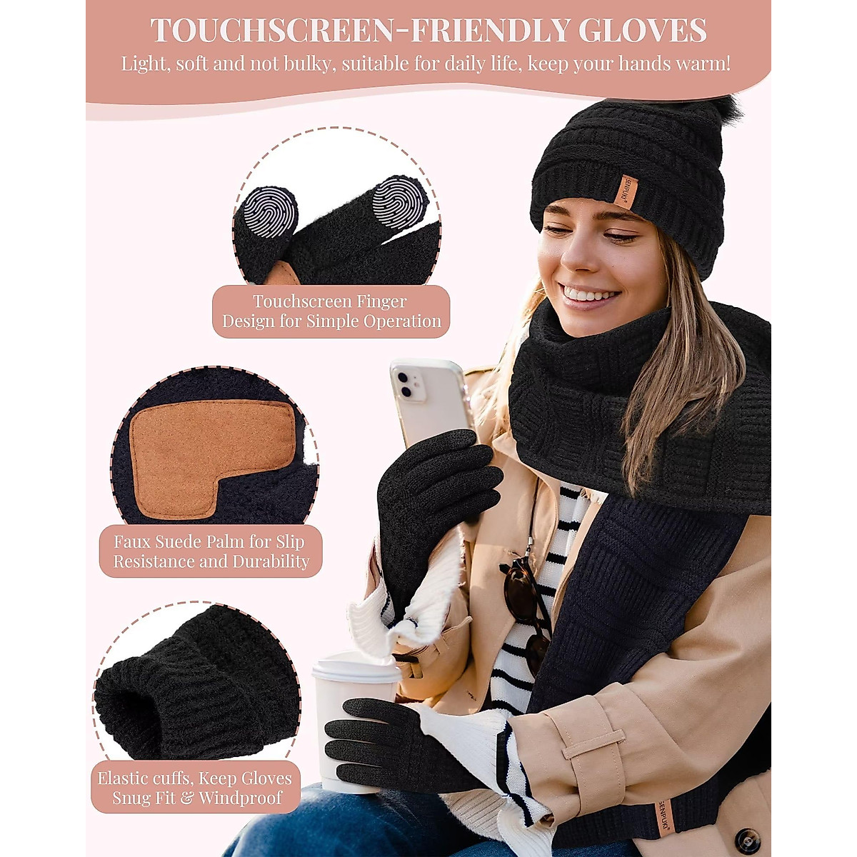 Womens Winter Beanie With Pom Pom, Fleece Lined Scarf and Touchscreen Gloves Set for Cold Weather (Black)
