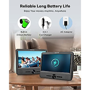 WONNIE 10" Car DVD Players, Portable DVD Player Dual Screen Play Two Different or The Same Movie with 2 Headrest Mount, 5 Hours Rechargeable Battery, Last Memory, AV Out&in, Support USB/SD/Sync TV