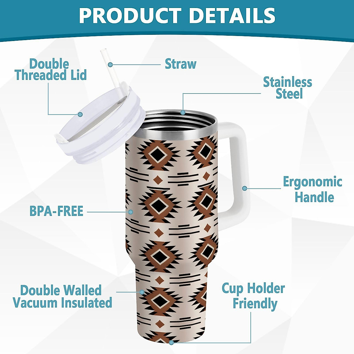 FLildon 40oz Tumbler with Handle and Straw Lid, Western Aztec Insulated Coffee Mug Stainless Steel Water Bottle Leakproof Vacuum Travel Coffee Cup