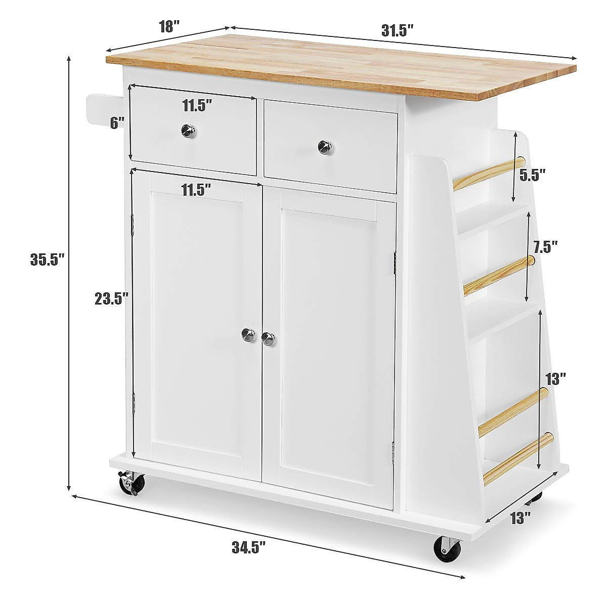 Giantex Kitchen Island Cart, Rolling Wood Trolley with Storage Cabinet, Towel Handle, 2 Drawers, Side Spice Rack and Wine Bottle Rack, Kitchen Cart on Wheels, Rubber Wood Countertop (White)