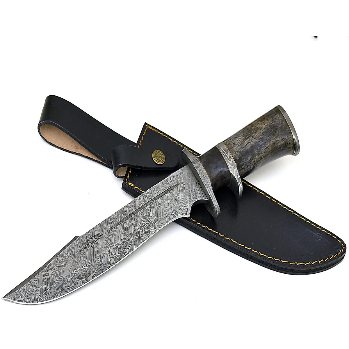 SHOKUNIN USA Bowie knife, 13.0",Handmade Hunting Knife, Bone Handle, Hand Stitched Leather Sheath