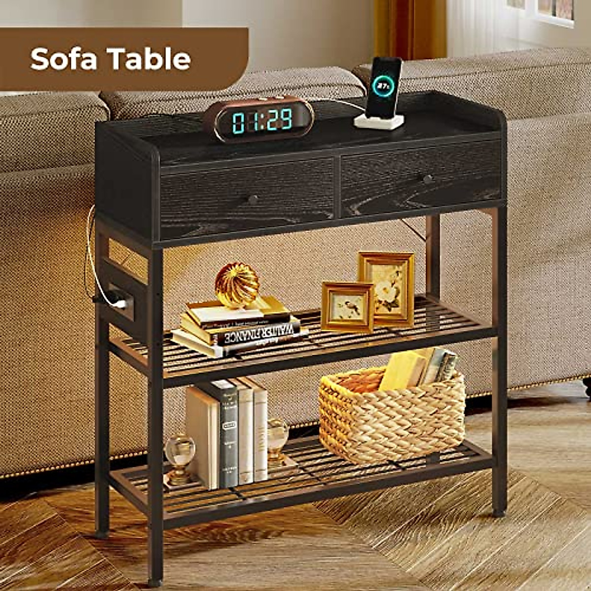 Rolanstar Entryway Table with Drawers,31.5” Entry Hallway Table with Charging Station Metal Storage Shelves,3-Tier Console Sofa Table Entry Stand with LED Lights for Couch, Entrance, Living Room