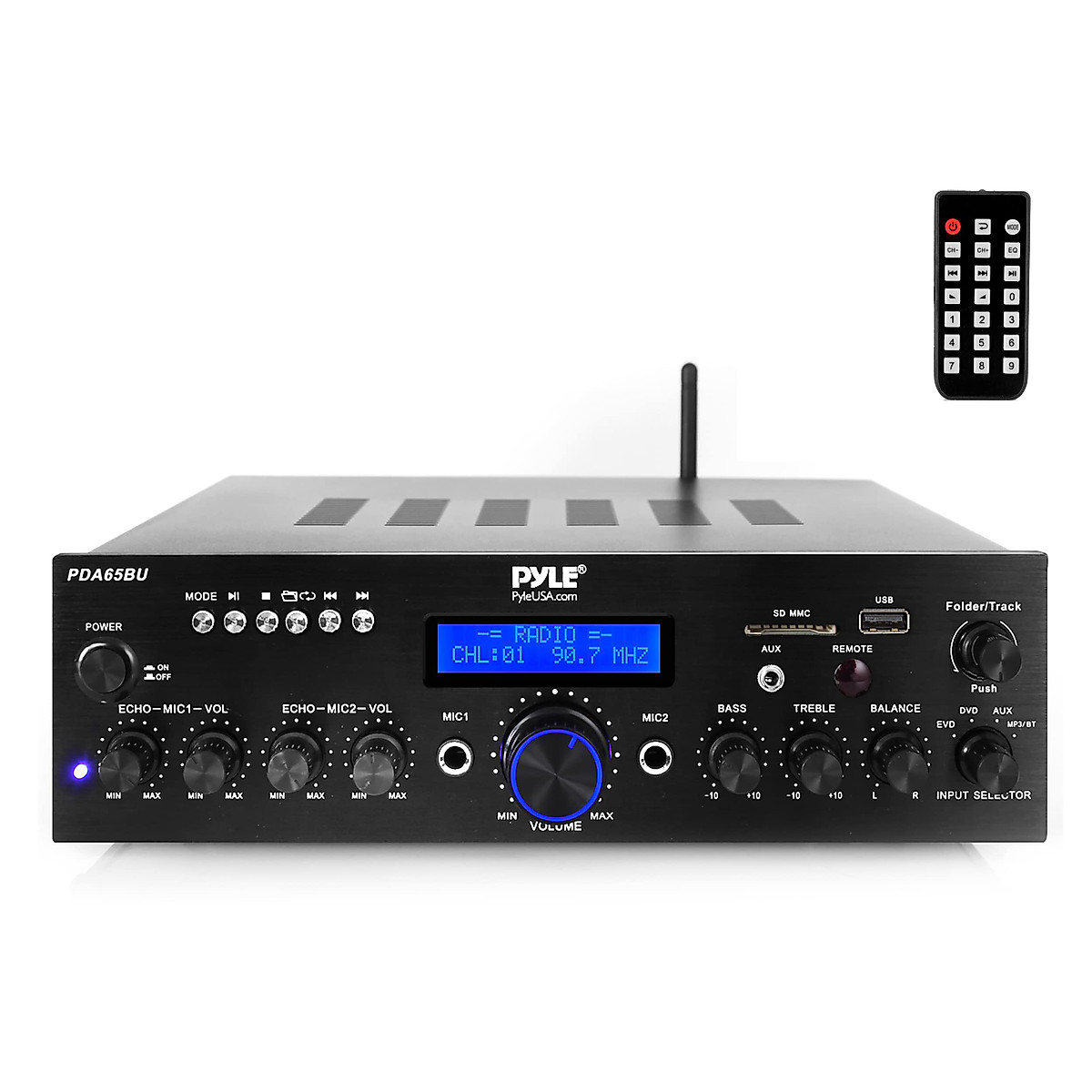 Pyle Wireless Bluetooth Power Amplifier System - 200W Dual Channel Sound Audio Stereo Receiver w/USB, AUX, MIC in w/Echo, Radio - for Home Theater Entertainment via RCA, Studio Use - Pyle PDA65BU.5