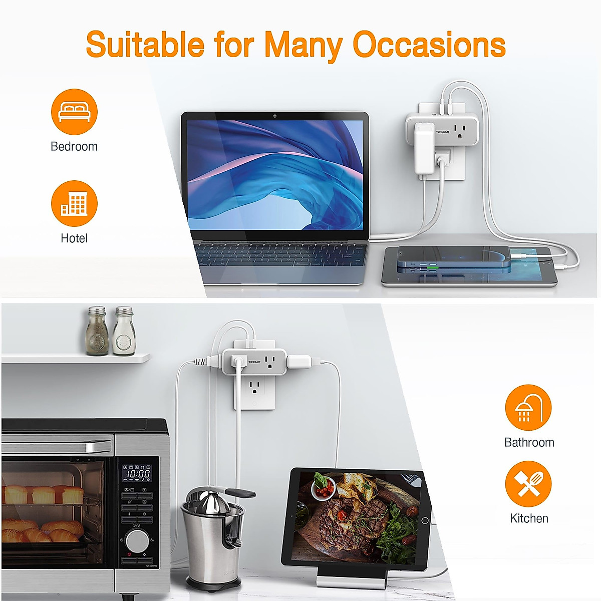 Surge Protector Outlet Extender, TESSAN Multi Plug Outlet Splitter with 4 Electrical Outlets 3 USB Ports, Multiple Plug Mini Wall Expander for Home Office Dorm Room Essentials