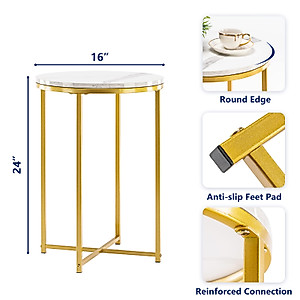 TECHMILLY Round End Table, Faux Marble Sofa Table, Accent Side Table with Metal Frame, Modern Gold Nightstand, Tall Coffee Table for Living Room, Bedroom-2 Packs