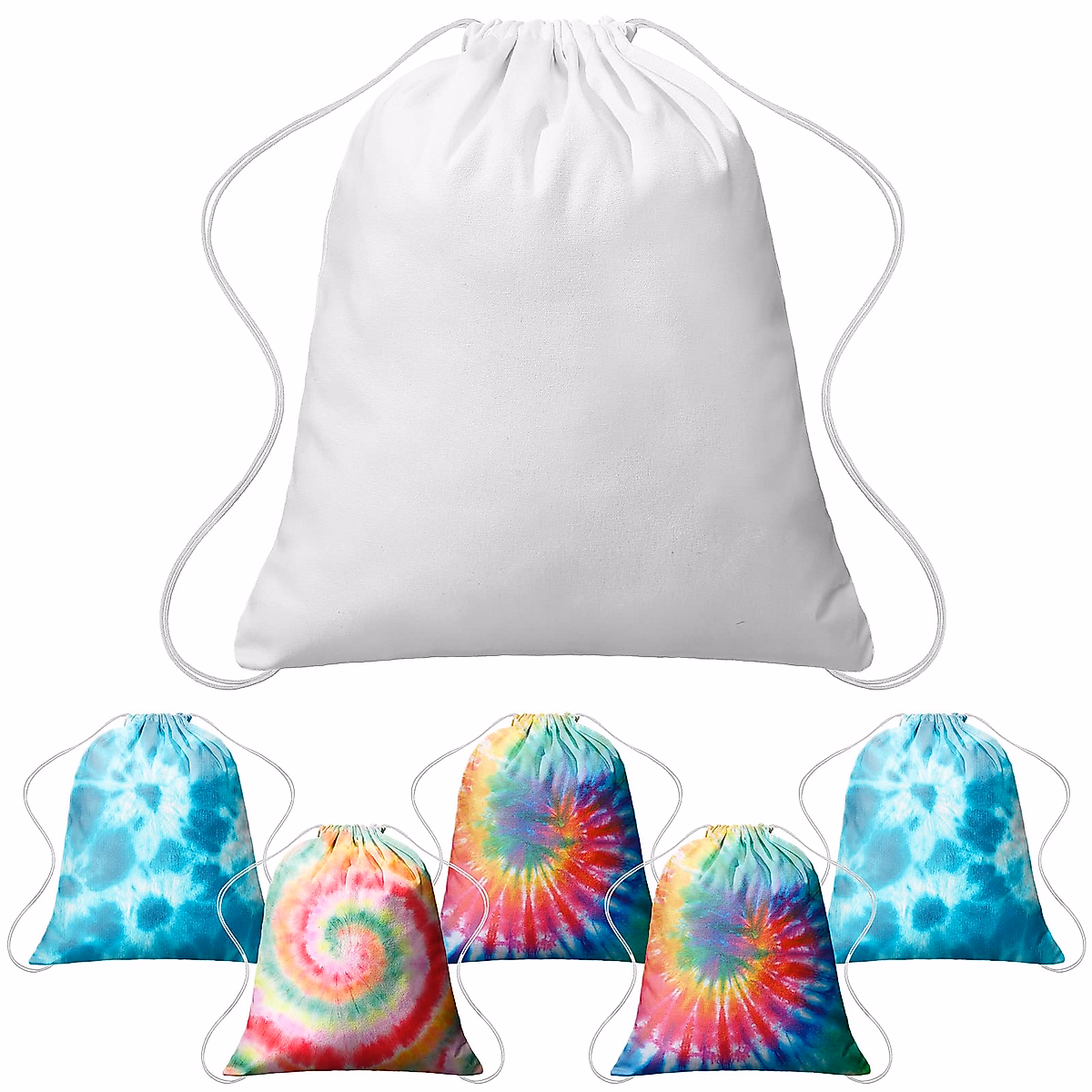 Saintrygo 6 Pieces Tie Dye Cotton Drawstring Bags Drawstring Tote Backpack Items to Tie Dye DIY Birthday Party Favor Bags (White)