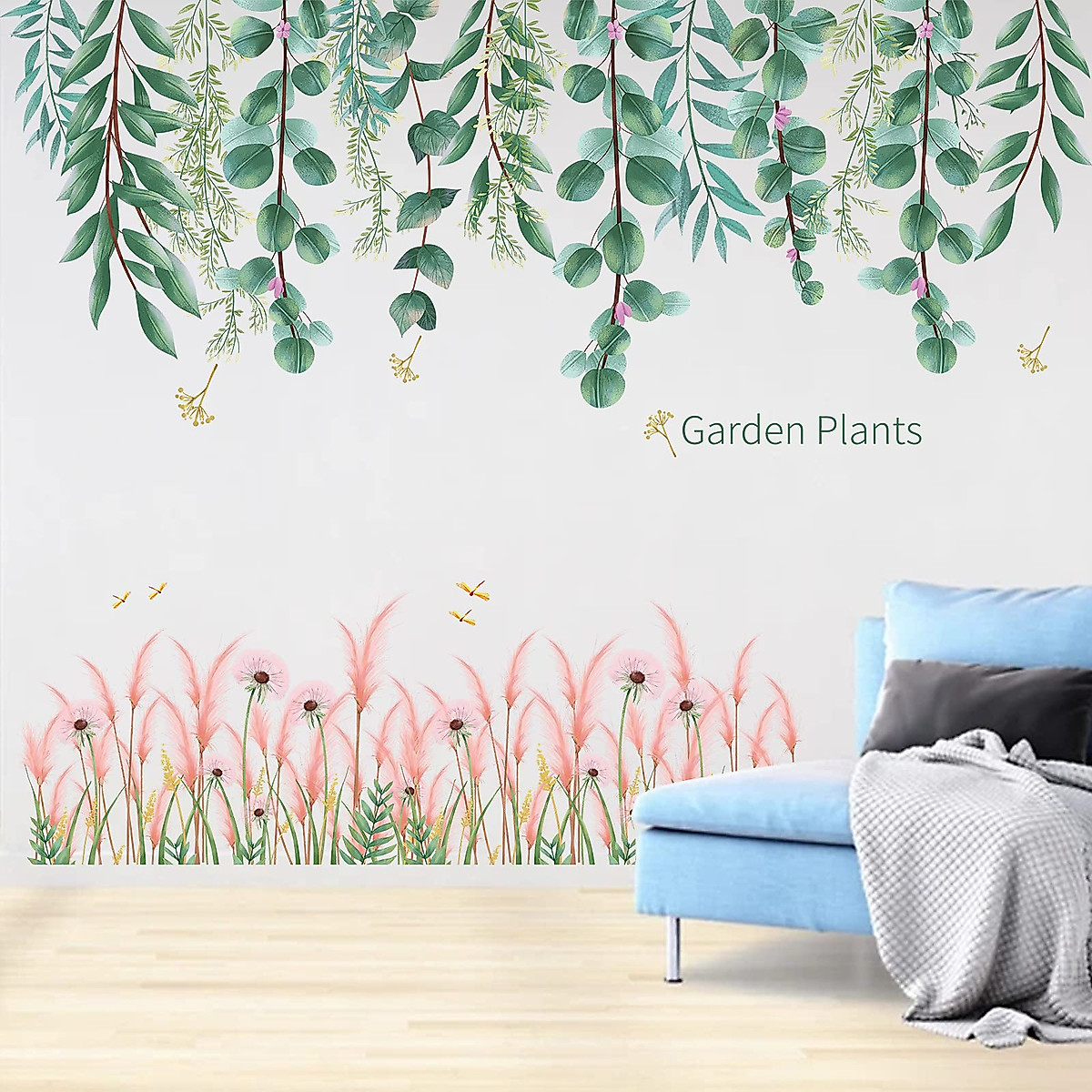 3Pcs Tropical Plants Flowers Vine Wall Corner Stickers, Removable Green Plants Fresh Leaves Flower Wallpaper Decals, Garden DIY Art Mural for Nursery Bedroom Kitchen Offices Home Decorations (B)