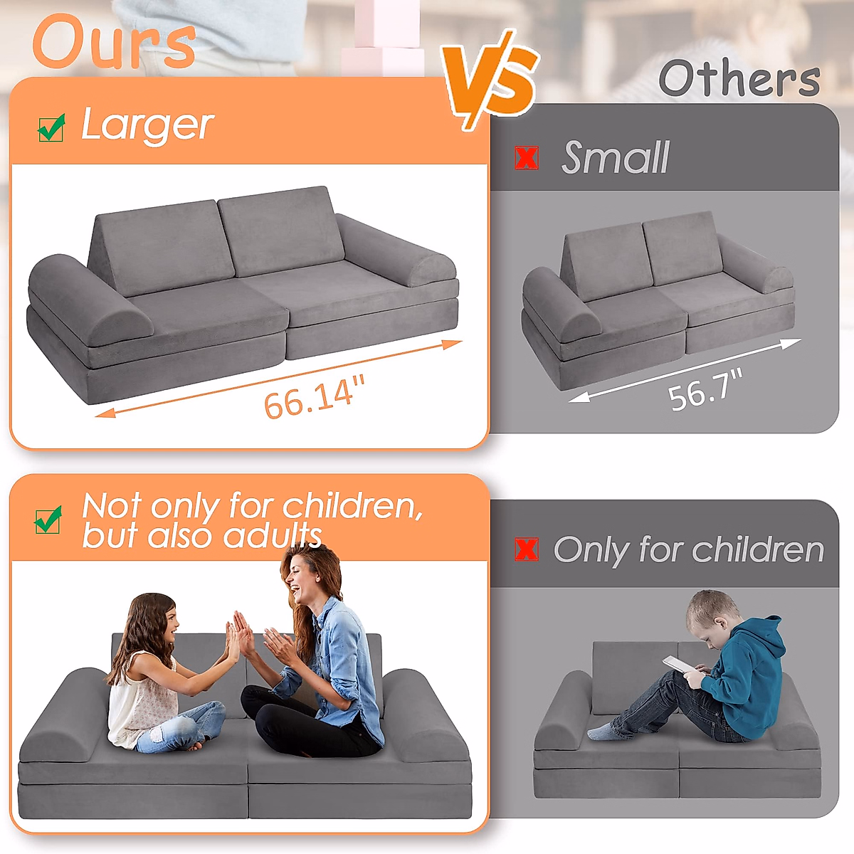 Betterhood Play Couch Sofa for Kids Large Size, Modular Kids Play Couch, Kids Couch Building Fort for Playroom Bedroom, Children Convertible Foam Cushion Couch for Boys and Girls, Grey