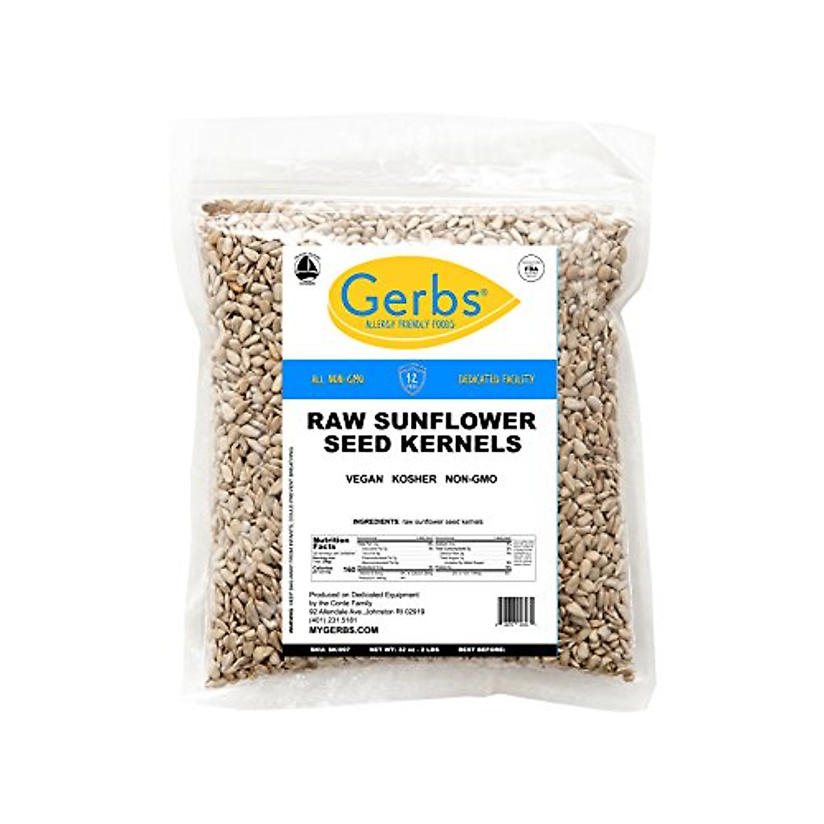 GERBS Raw Sunflower Seed Kernels No Shell 2 lbs., Hulled, Top 14 Allergy Free Foods, Healthy Superfood Snack, Non GMO, No Oils, No Preservatives, Resealable Bag, Gluten & Peanut Free, Vegan, Keto, Kosher
