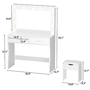 YESHOMY Vanity Desk with Mirror, Makeup Table with 11 Adjustable Lights and 2 Spacious Drawers, Soft-Padded Storage Stool, 3 Lighting Modes with Control, for Bedroom, White