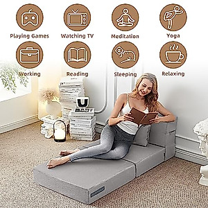 FILUXE Convertible Folding Sofa Bed - Sleeper Chair with Pillow, Modern Linen Fabric Floor& Futon Couch, Foldable Mattress for Living Room/Dorm/Guest Use/Home Office/Apartment, Single Size, Light Grey