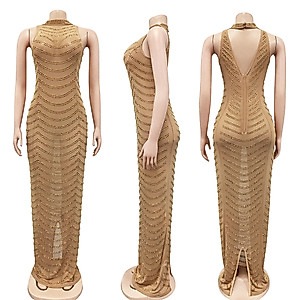 PORRCEY Women's Sexy Hot Drilling Craft Dress Bodycon Party Club Night Out Dress(5259,Gold,S)