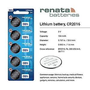 Renata CR2016 Batteries - 3V Lithium Coin Cell 2016 Battery (5 Count)
