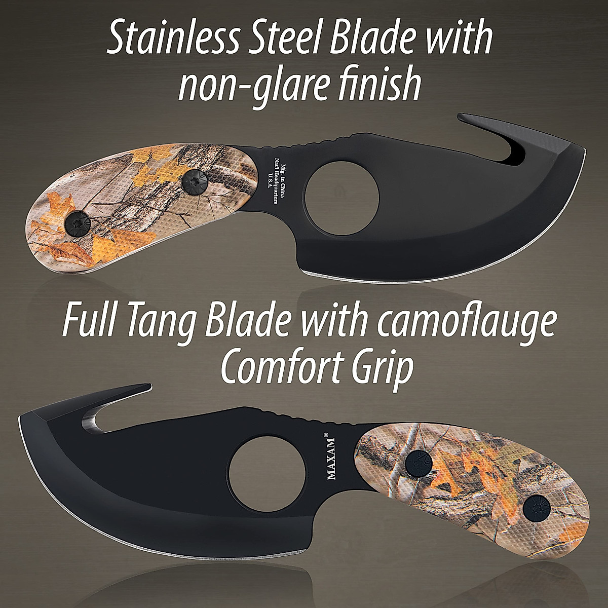 Maxam All in One Fixed Blade Skinning Knife with Gut-Hook, Camo, Full Tang, 7 Inch Knife Includes Nylon Sheath