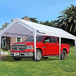 PEAKTOP OUTDOOR 10x20 ft Upgraded Heavy Duty Carport Car Canopy Portable Garage Tent Boat Shelter with Reinforced Triangular Beams, White