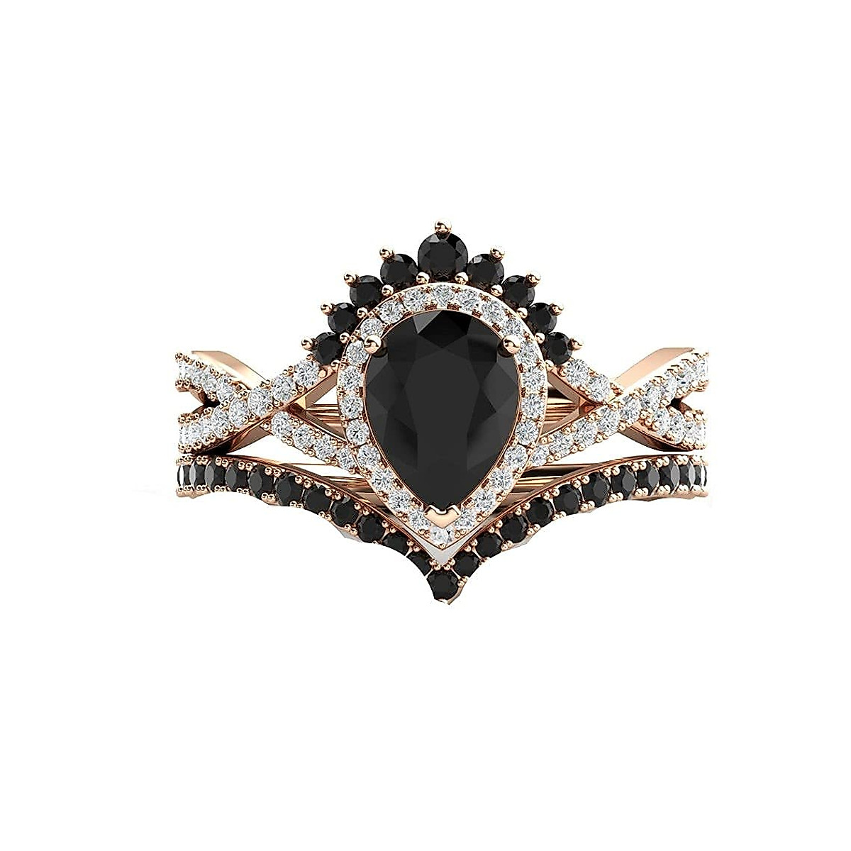 4 CT Pear Cut Black Onyx Simulated Diamonds Halo Twisted Accents Shank Wedding Ring Set for Women & Men in Sterling Silver V shaped stackable band rings (4.5)