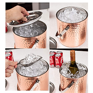 BirdRock Home Ice Bucket with Scoop & Lid - 2.8 Liter Hammered 18/8 Stainless Steel Container for Bar - Double Wall Insulated Bucket with Carrying Handle - Great for Parties - (Copper)
