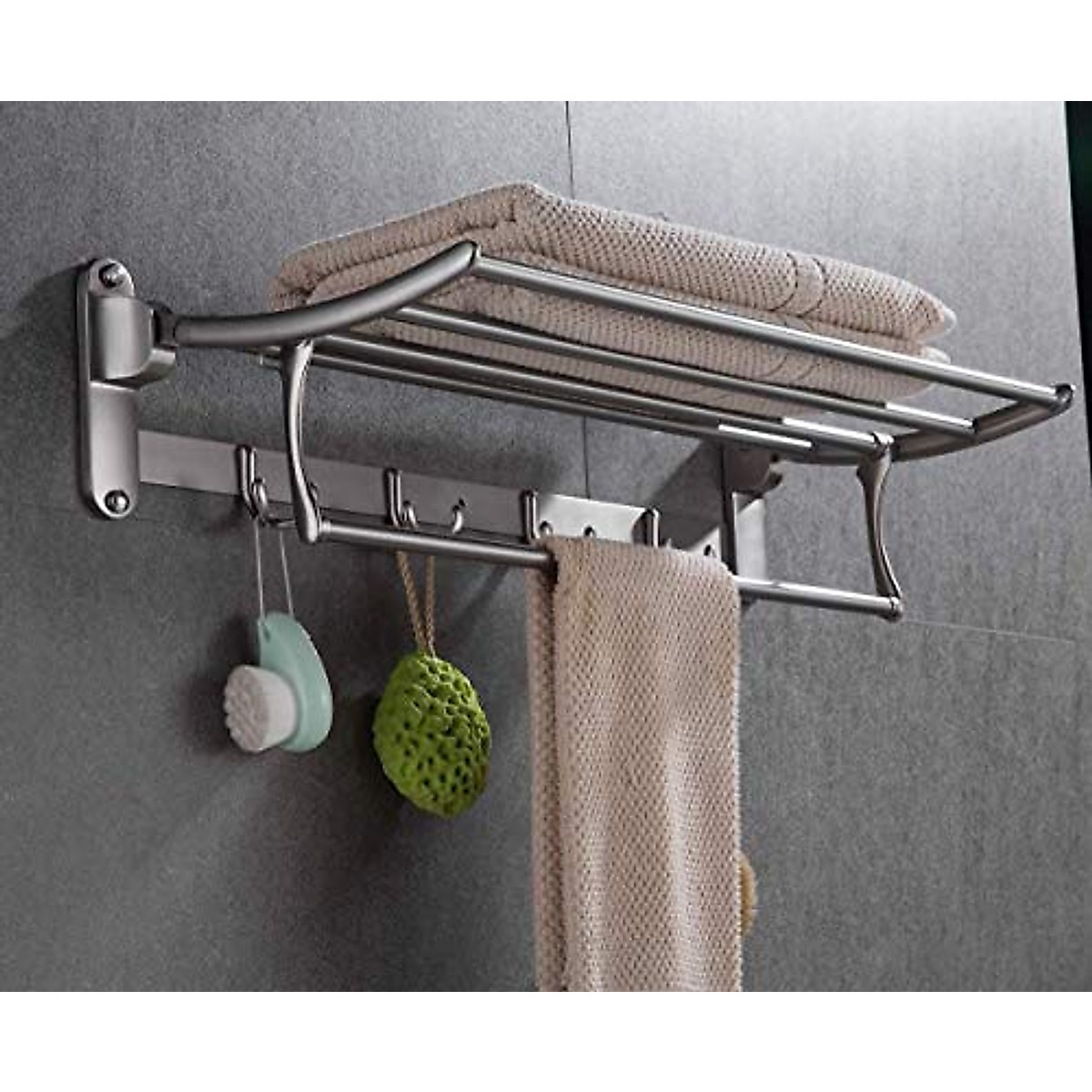 ELLO&ALLO Towel Racks for Bathroom Shelf with Foldable Towel Bar Holder and Hooks Wall Mounted Multifunctional Racks, Brushed Nickel