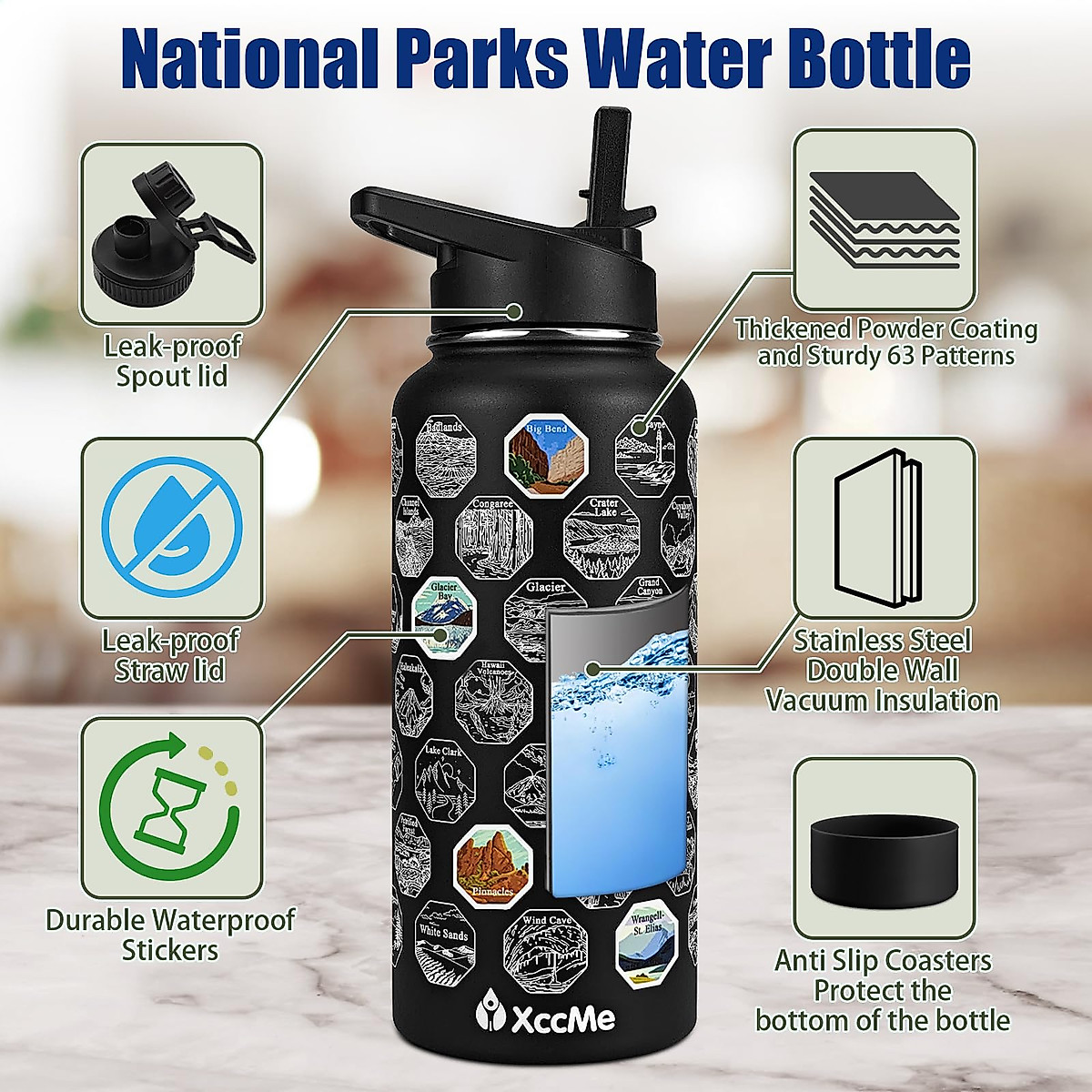 XccMe National Parks Water Bottle with Stickers,32 oz Insulated Stainless Steel Water Bottle with 2 Lids,Straws,Silicone Boot,Waterproof Stickers,Travel Vacuum Sealed Water Bottle,Leak Proof (Black)