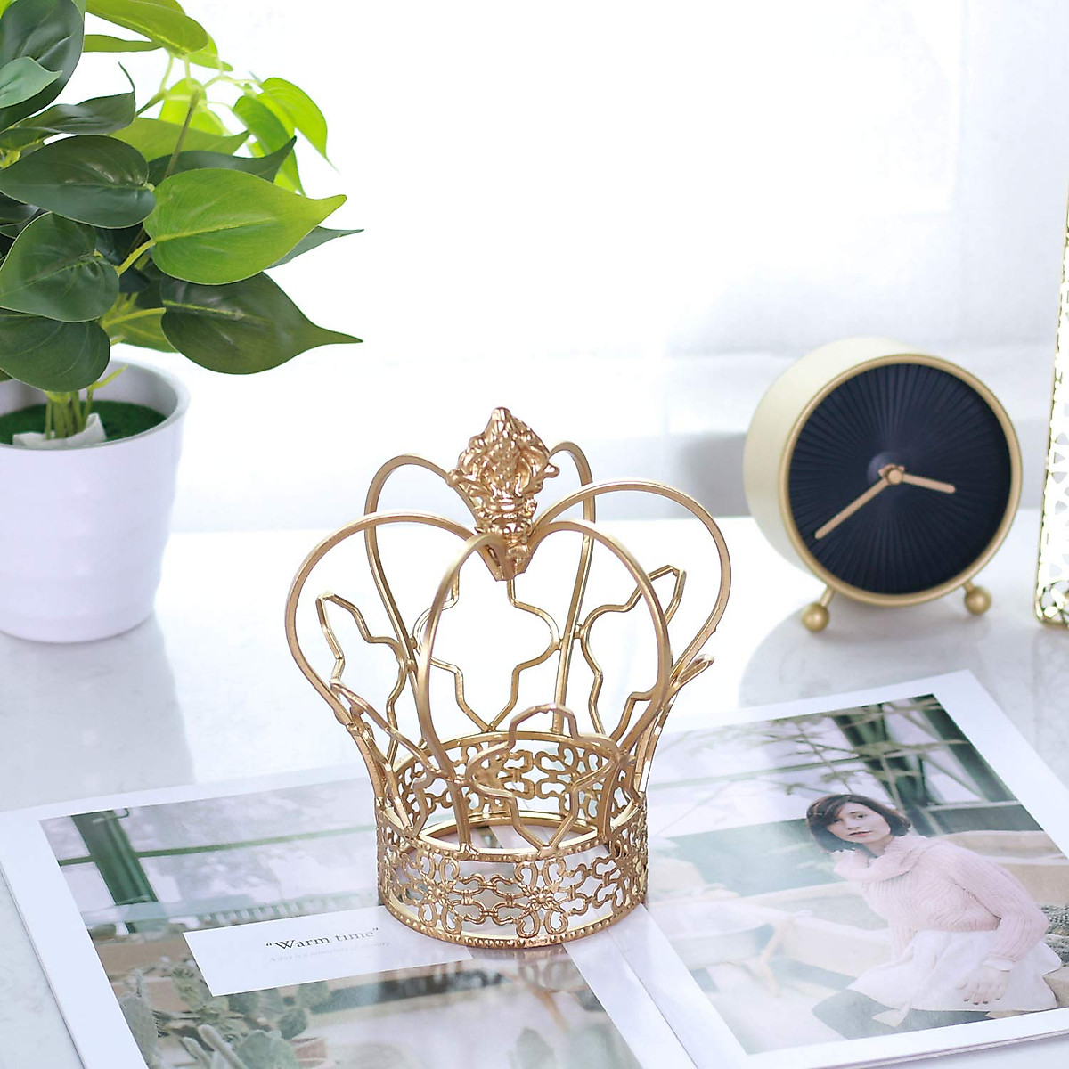 Yamfurvo Royal Metal Desktop Crown Decor, Decorative Centerpiece Crown Sculpture for Wedding, Christmas,Party Table, Baby Shower, Antique Home Decor, Gold