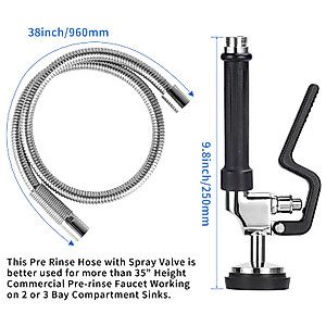 KWODE Spray Valve with Pre-rinse Hose, 38" Flexible Stainless Steel Hose with High Pressure Pre Rinse Spray Nozzle Sprayer Head Assembly Kit for Commercial Restaurant Industrial Kitchen Sink Faucet