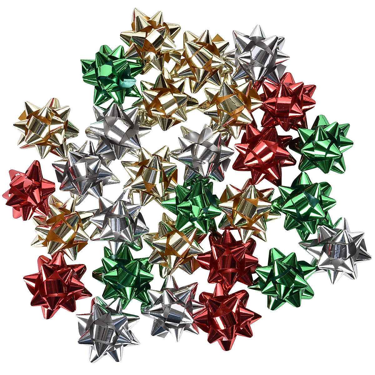 120 Christmas Bows Self Adhesive for Presents Wreaths Wrapping Holiday Gifts Includes Large Medium Small and Mini Sizes in Red Green Silver and Gold 24 of 4", 30 of 3", 30 of 2",and 36 1" Bows