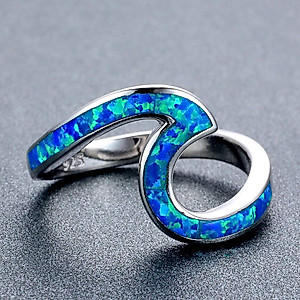 Blaike Blue Opal Wave Ring, 925 Sterling Silver Wave Ring Blue for Women Size 5/6/7/8/9/10