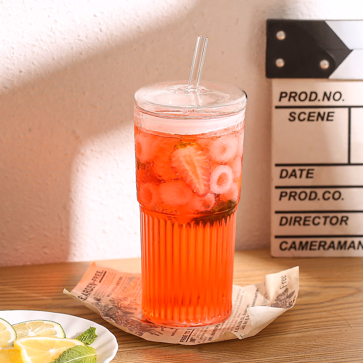 QWEZXO Glass Cups With Lids and Glass Straws，20 OZ High Borosilicate Glass Tumbler Iced Coffee Water Smoothie…