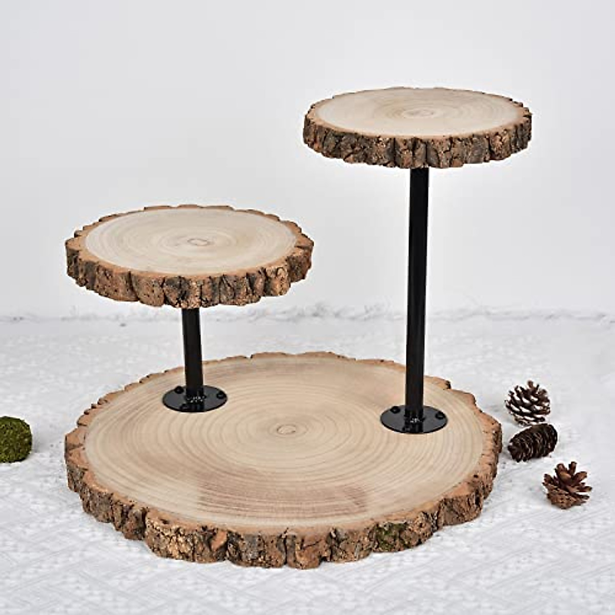 Efavormart 14" Tall | 3 Tier Rustic Wood Slice Cupcake Stand, Natural Wooden Cake Stand Dessert Display with Metal Poles