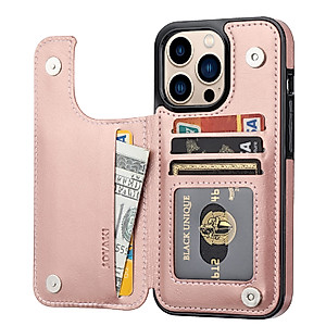 JOYAKI Wallet Case Compatible with iPhone 13 Pro Max,Slim Protective case with Card Holder,PU Leather Kickstand Card Slots Case with a Free Screen Protective Glass for iPhone 13 Promax(6.7")-Rose Gold