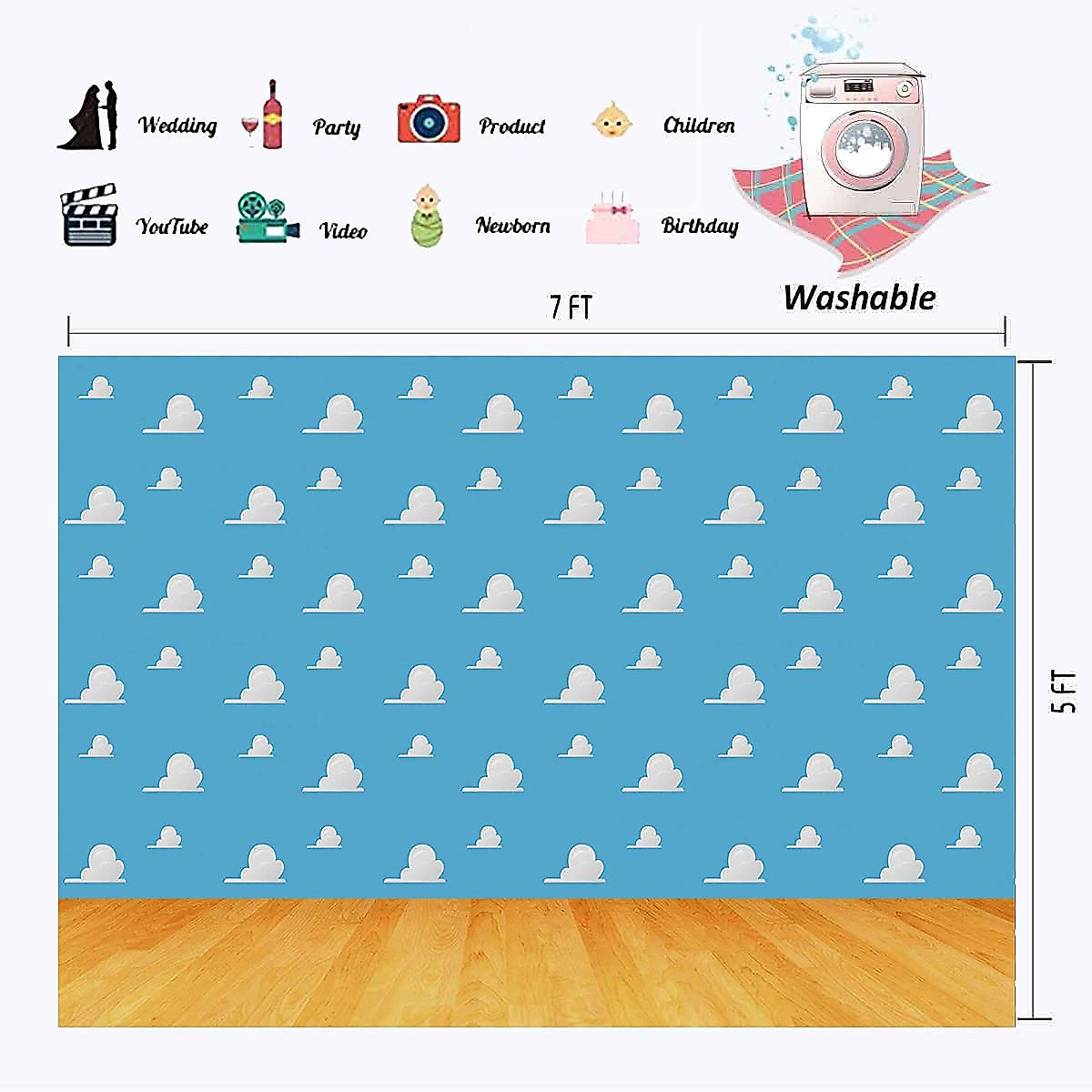 Cartoon Blue Sky and White Clouds Backdrop Wood Floor Backdrop 7x5ft Polyester Kids Birthday Party Boy Baby Shower Photo Background Dessert Table Banner Photo Studio Photography Props YL027