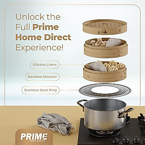 Prime Home Direct Bamboo Steamer Basket 12-Inch | 2-Tier Steamer for Cooking | 50 Liners, Chopsticks, Sauce Dish | Steaming Asian Food, Bao Buns, Chinese, Dim Sum, Dumpling, Rice, Vegetable Steam Pot