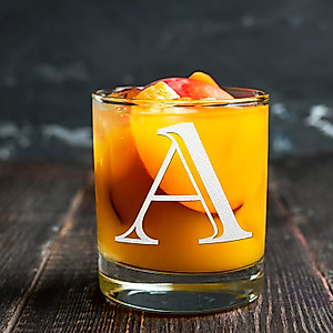 Monogram Initial Letter A Etched Whiskey Glass 10.25 oz Rocks Cocktail Glass Etched Personalized Gifts for Men and Women