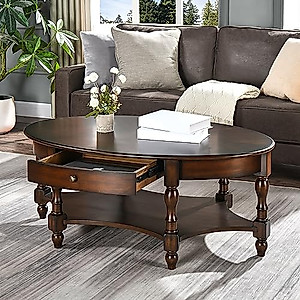 MODERION Coffee Table with Drawer, Solid Wood Oval Center Table with Storage Shelf, Traditional Living Room Table with Elegant Vintage Style, Easy Assembly, 45” x 27.6” x 18.2” Retro Walnut KFZ2233DC
