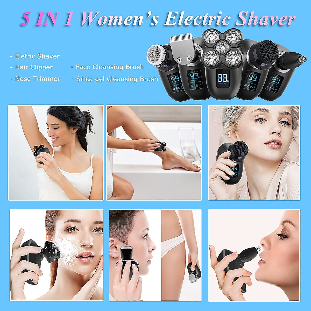 Electric Shaver for Women 5 in 1 Beauty Shavers Set for Whole Body, Legs,Underarms, with Face Cleansing Brush, Hair Clipper and Nose Hair Trimmer, Rechargeable Cordless Fast Charge Razor Wet Dry Use