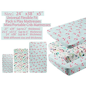 Tontukatu Pack n Play Stretchy Fitted Playard Sheet Set 2 Pack Jersey Knit Ultra Soft for Baby Girl Portable Mini Crib Sheets,Convertible Playard Mattress Cover,Flamingo Elephant Horse Lt Green Pink